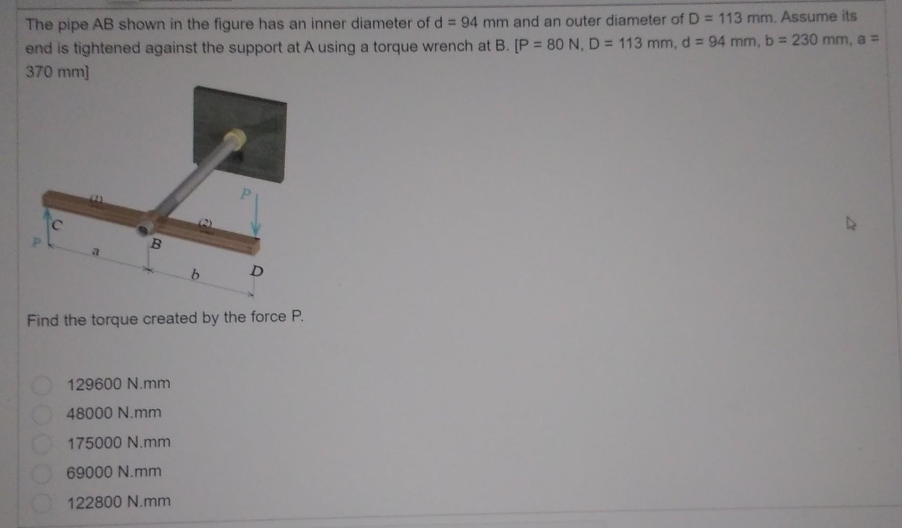 Solved The pipe AB shown in the figure has an inner diameter | Chegg.com
