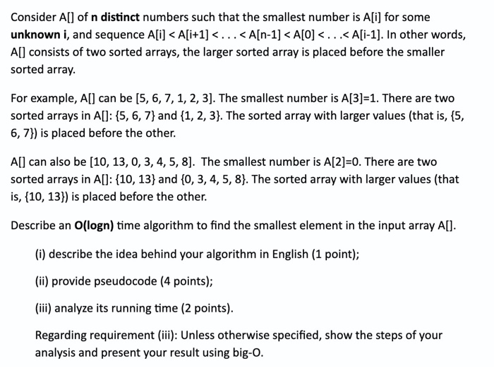 Solved Consider A[] of n distinct numbers such that the | Chegg.com
