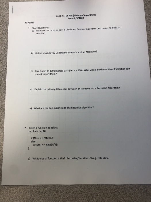 Solved QUIZ # 1: 425 (Theory of Algorithms) Date: 2/3/2020 | Chegg.com