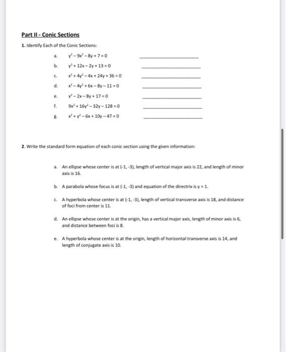 Solved Part II- Conic Sections 1. Identify Each of the Conic | Chegg.com