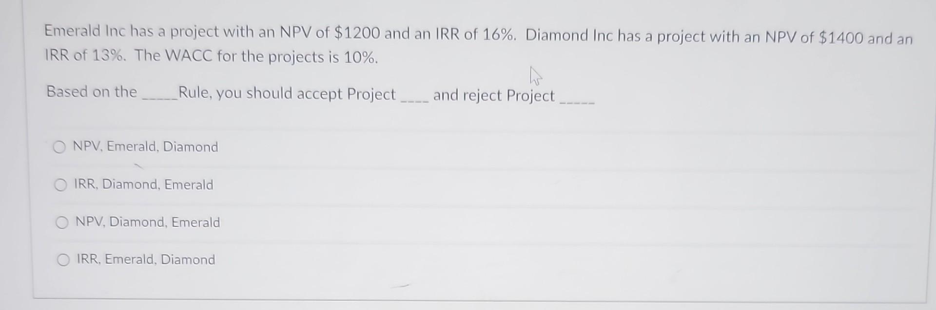 Solved Emerald Inc has a project with an NPV of $1200 and an | Chegg.com
