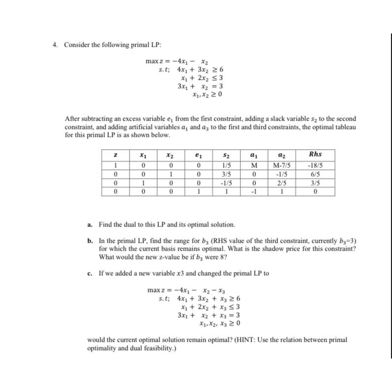 Solved Consider the following primal LP:maxz=-4x1-x2 s.t; | Chegg.com Solved Consider the following primal LP:maxz=-4x1-x2 s.t; | Chegg.com