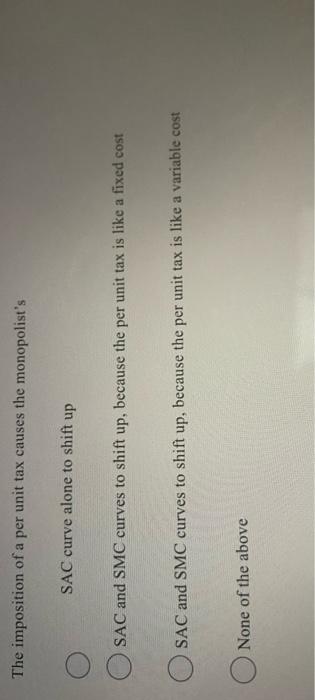 Solved The imposition of a per unit tax causes the | Chegg.com