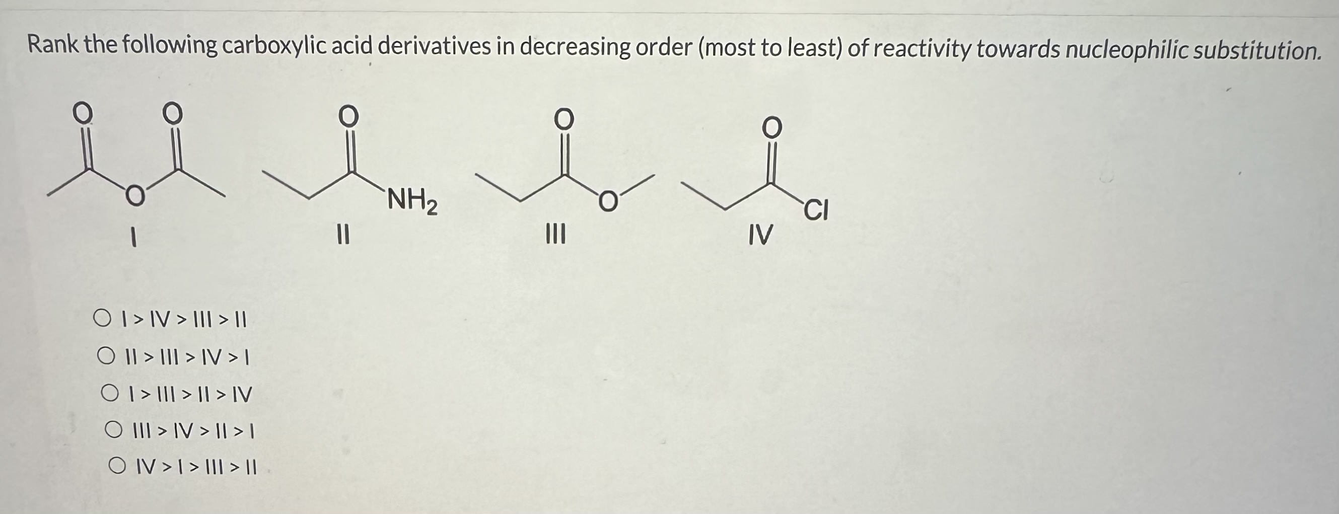 Solved Rank the following carboxylic acid derivatives in | Chegg.com