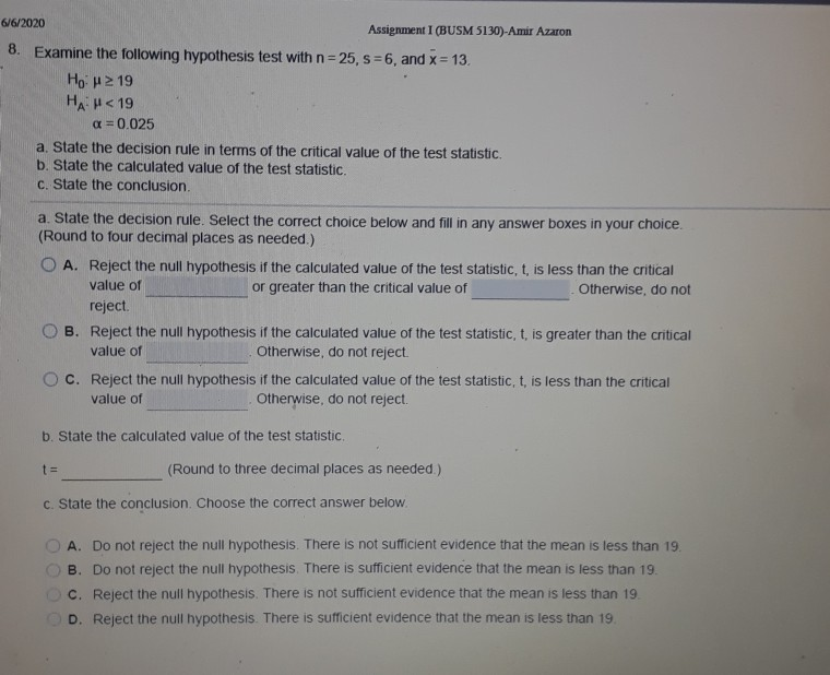 Solved 6/6/2020 Assignment I (BUSM 5130)-Amir Azaron 8. | Chegg.com