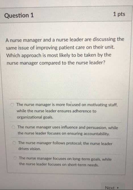 Solved Question 11 ﻿ptsA nurse manager and a nurse leader | Chegg.com