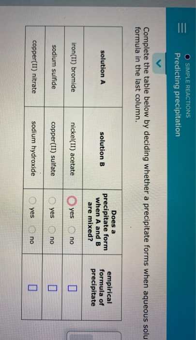 Solved = SIMPLE REACTIONS Predicting precipitation Complete | Chegg.com