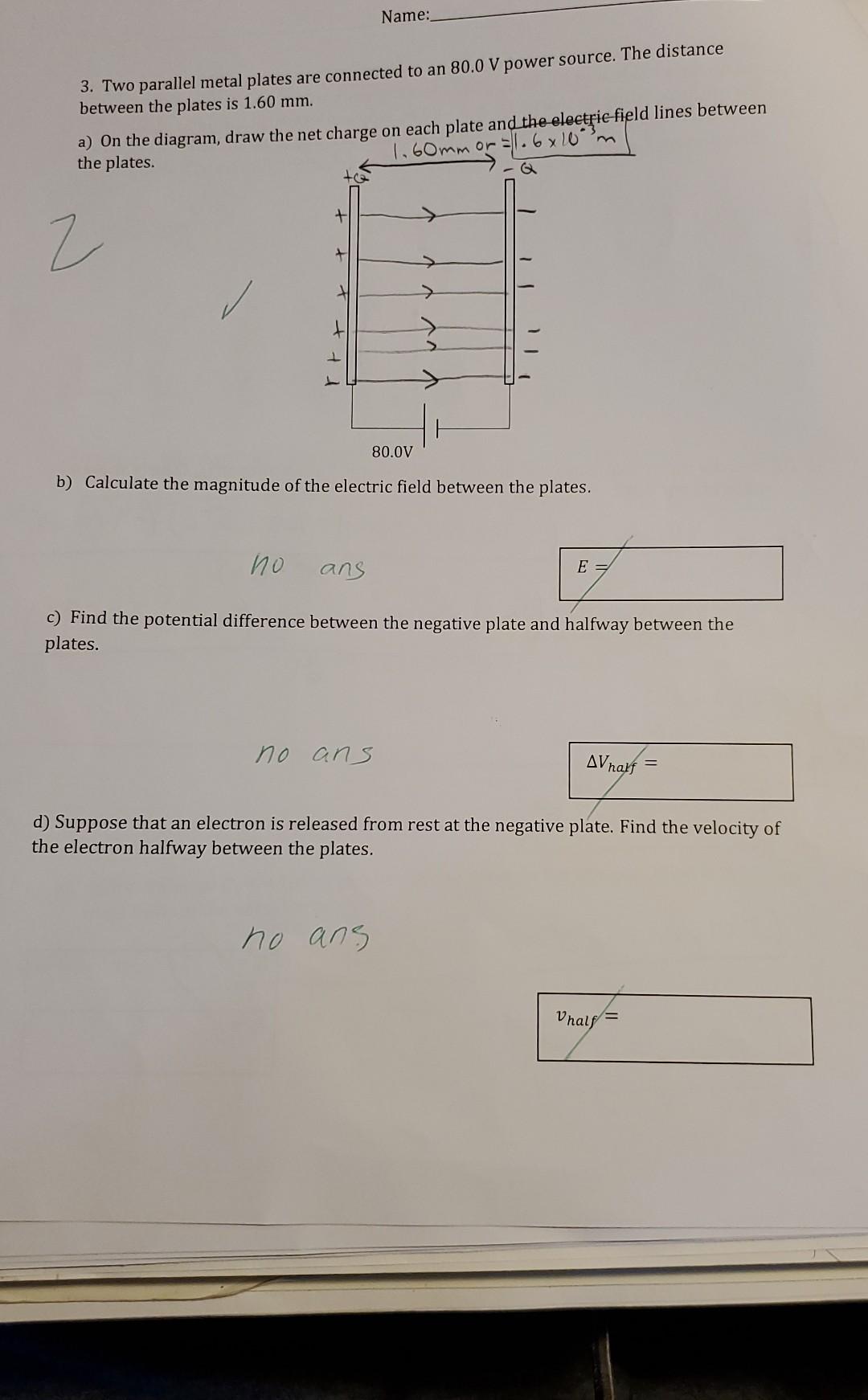 Solved 3. Two parallel metal plates are connected to an 80.0 | Chegg.com