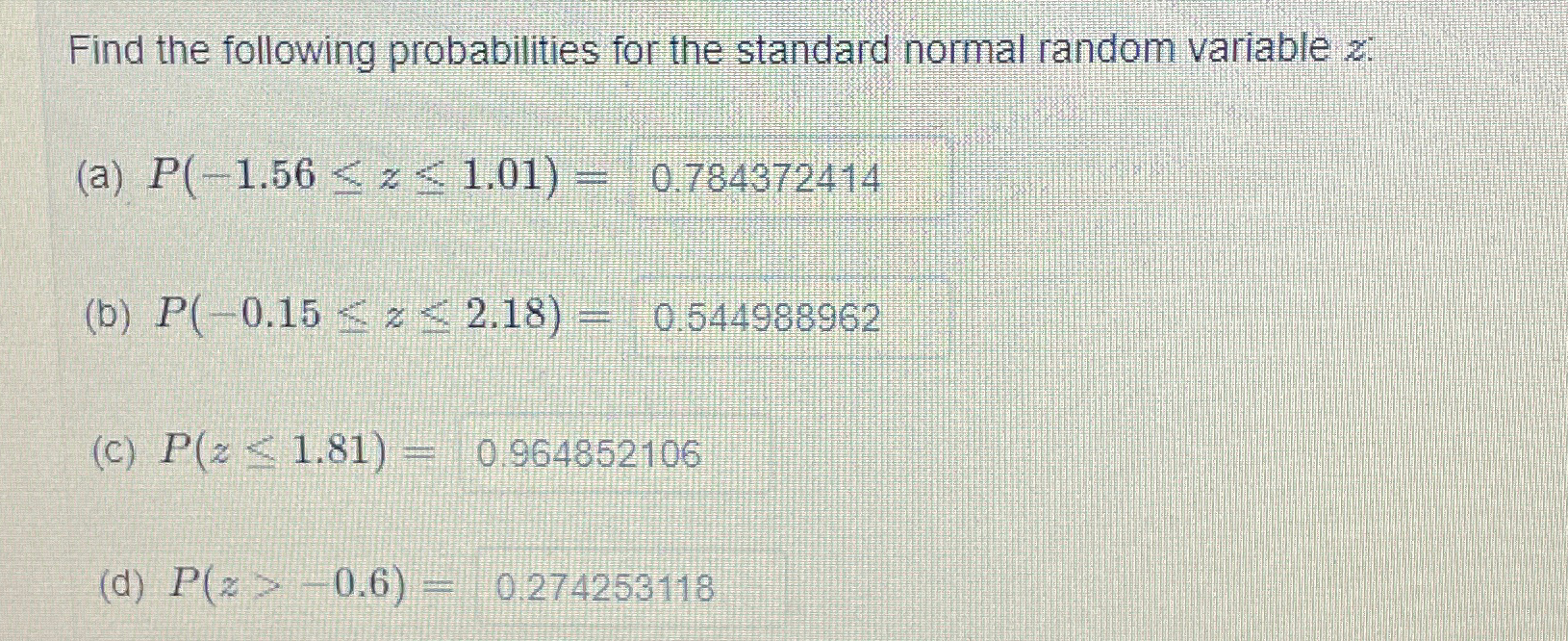 Solved Find the following probabilities for the standard | Chegg.com