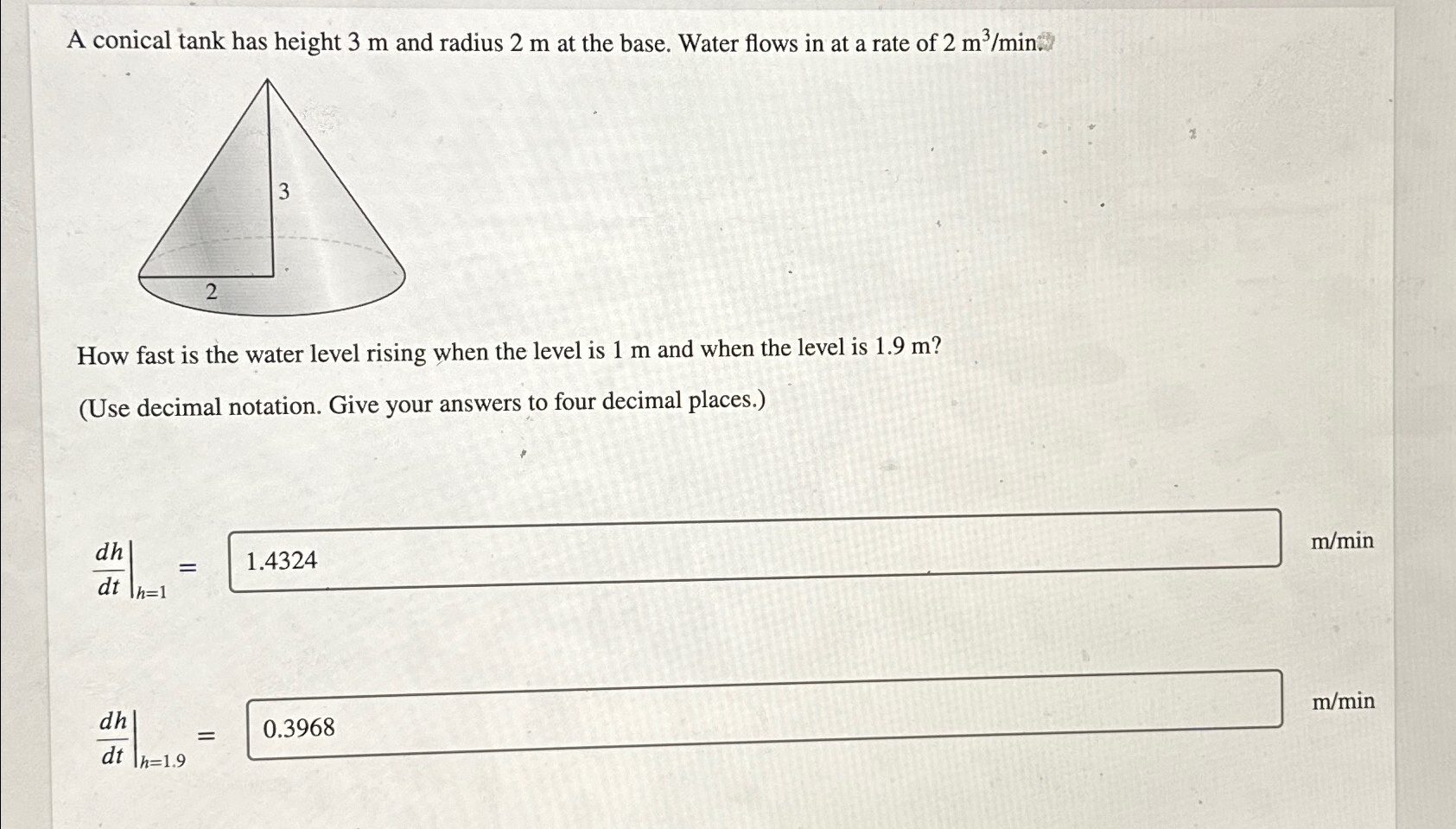 Solved A conical tank has height 3m ﻿and radius 2m ﻿at the | Chegg.com
