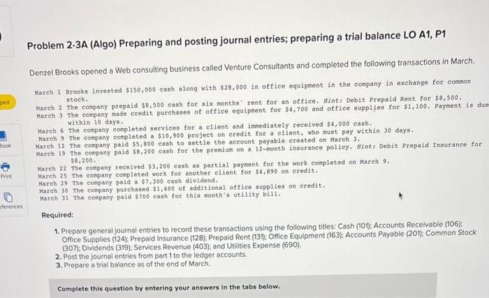 Solved Problem 2-3A (Algo) Preparing and posting journal | Chegg.com