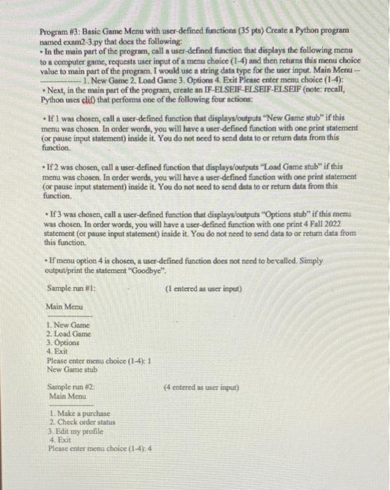 Solved Program #33: Basic Game Menu with user-defined | Chegg.com