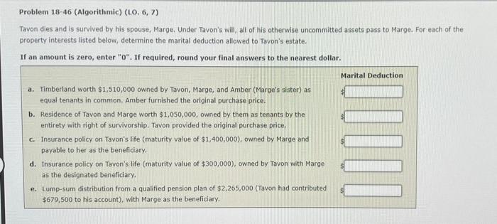 Solved Problem 18-46 (Algorithmic) (LO. 6, 7) Tavon dies and | Chegg.com Solved Problem 18-46 (Algorithmic) (LO. 6, 7) Tavon dies and | Chegg.com