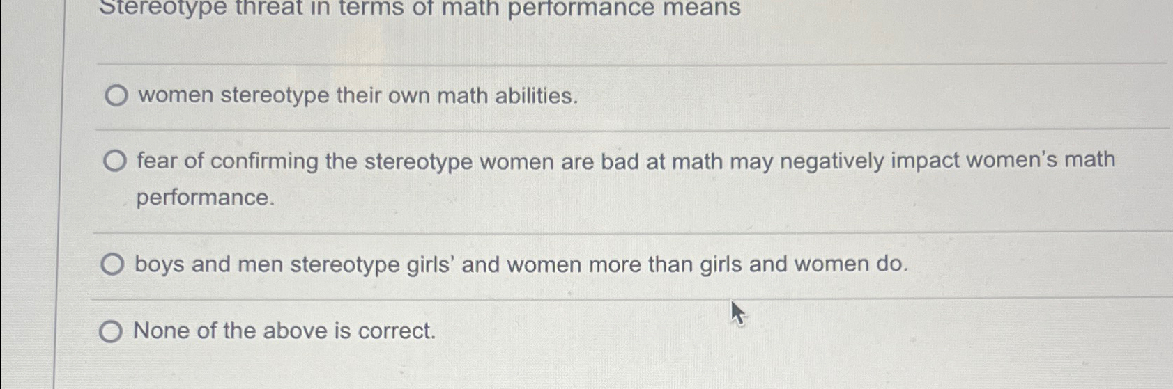 Solved Stereotype threat in terms of math pertormance | Chegg.com