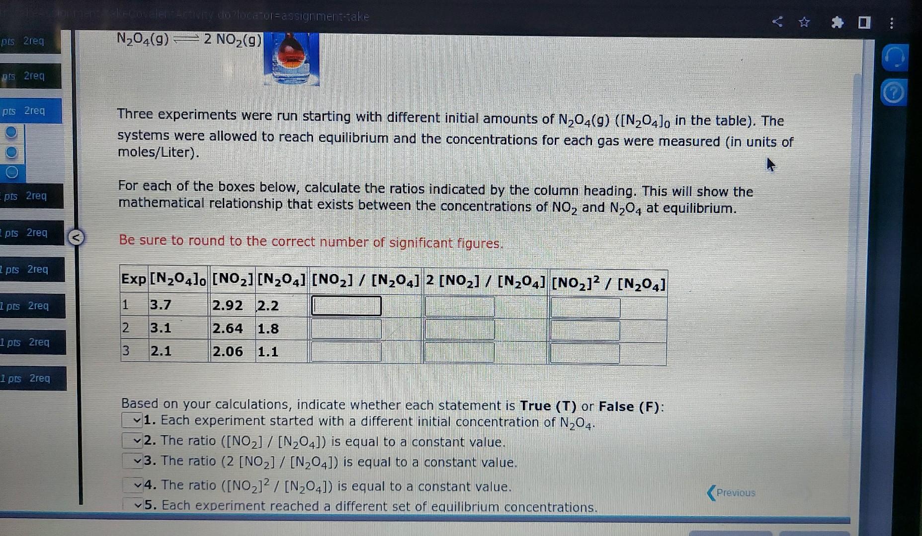 Solved N2O4( g)⇌2NO2( g) Three experiments were run starting | Chegg.com