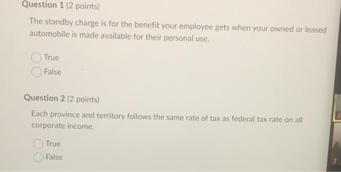 Solved Question 1 (2 points) The standby charge is for the | Chegg.com