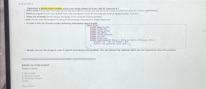 Solved Question 2 Implement A Likrry Stock System Using Your 1547