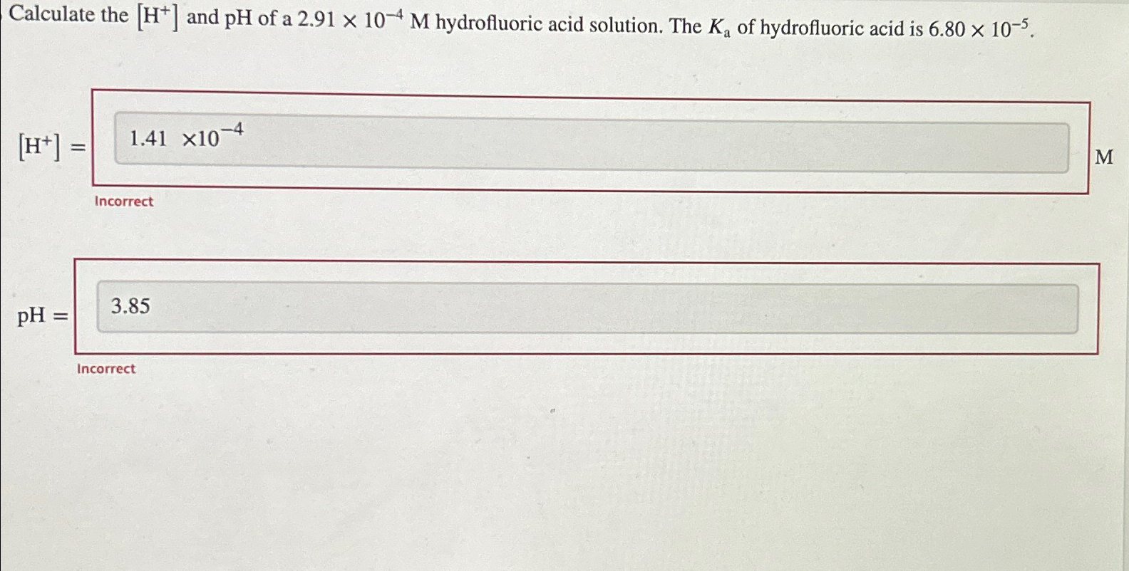 Solved Calculate the H+and pH ﻿of a 2.91×10-4M ﻿hydrofluoric | Chegg.com