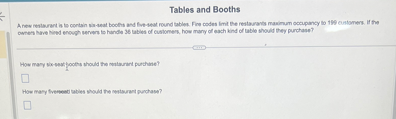 Solved Tables and BoothsA new restaurant is to contain | Chegg.com