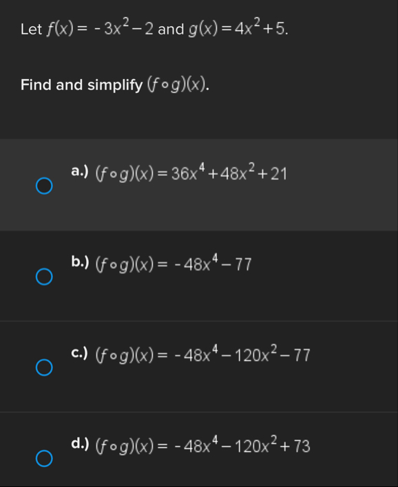 Solved Let f(x)=-3x2-2 ﻿and g(x)=4x2 5.Find and simplify | Chegg.com