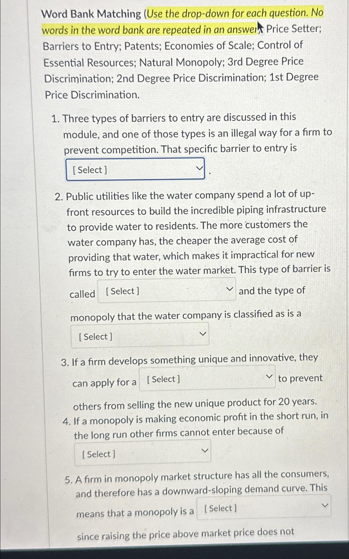 Solved Word Bank Matching (Use the drop-down for each | Chegg.com