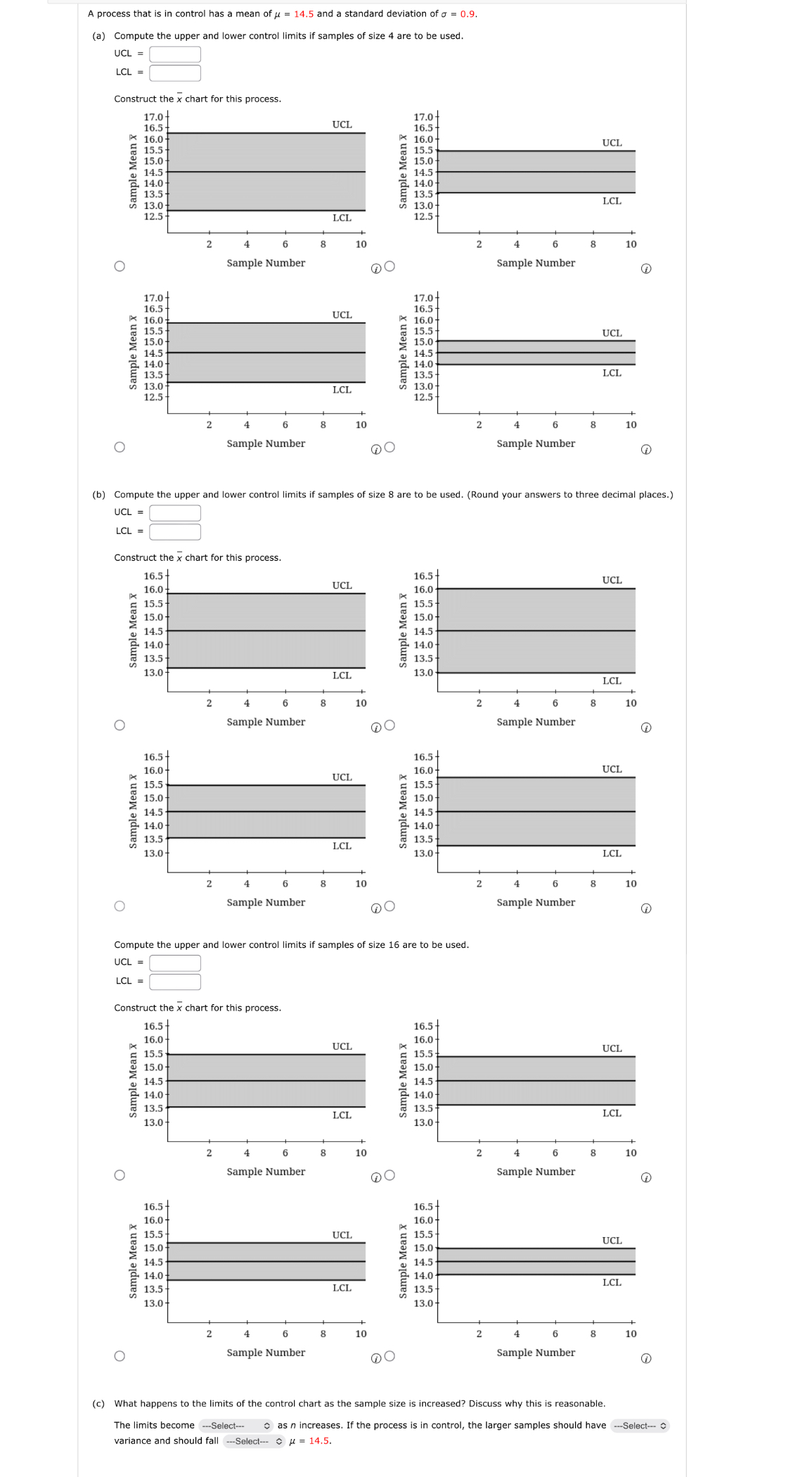 Solved A process that is in control has a mean of μ=14.5 | Chegg.com