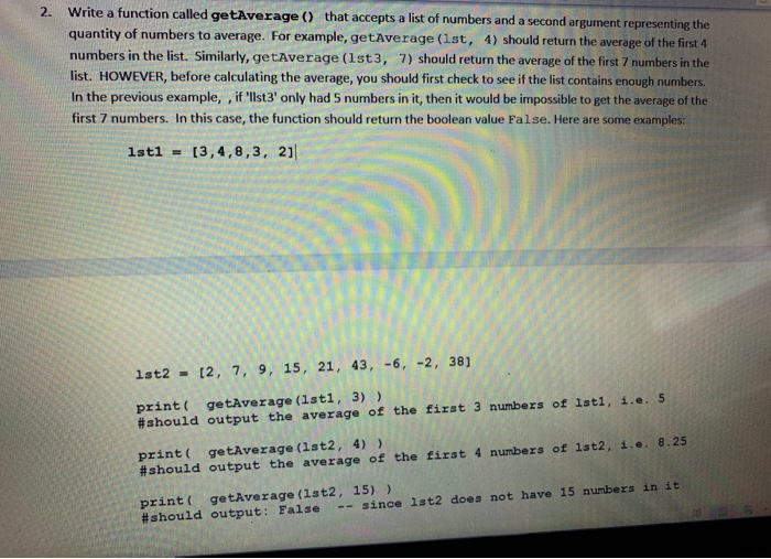 Solved 2. Write a function called getAverage () that accepts | Chegg.com