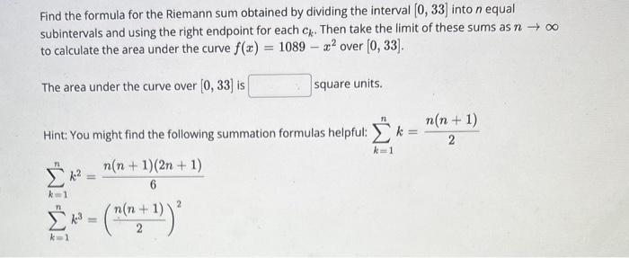 Solved Find the formula for the Riemann sum obtained by | Chegg.com
