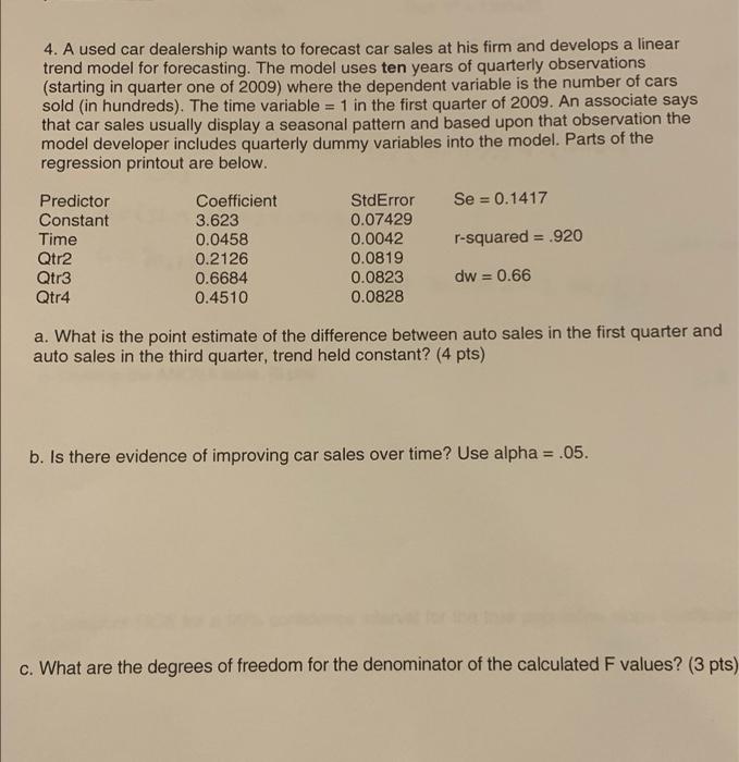 Solved 4. A used car dealership wants to forecast car sales | Chegg.com