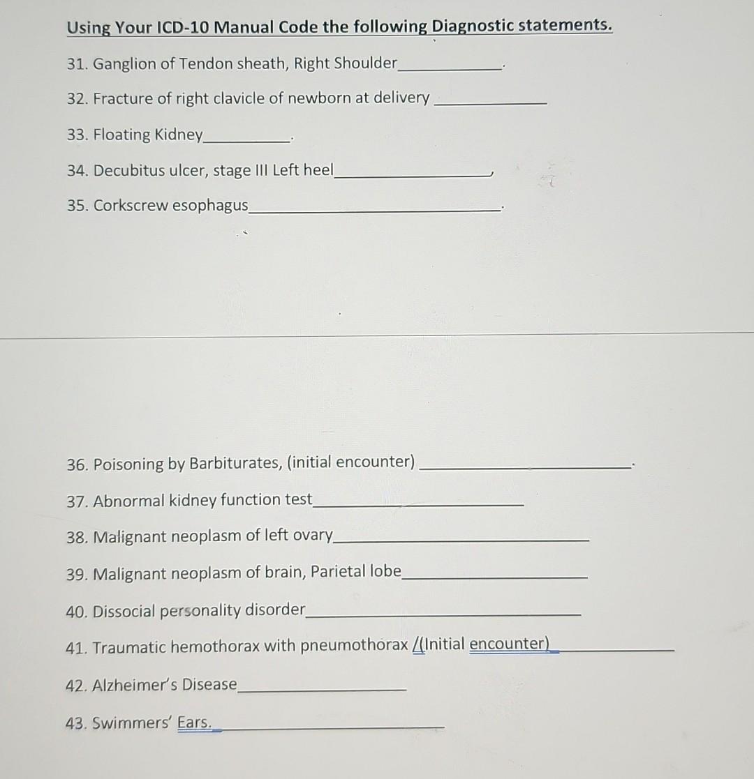 Solved Using Your ICD-10 Manual Code the following | Chegg.com
