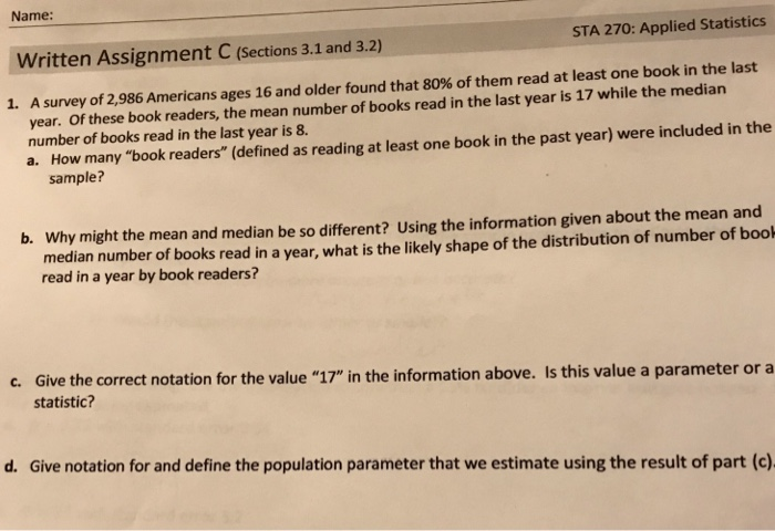 Solved Name: STA 270: Applied Statistics Written Assignment | Chegg.com