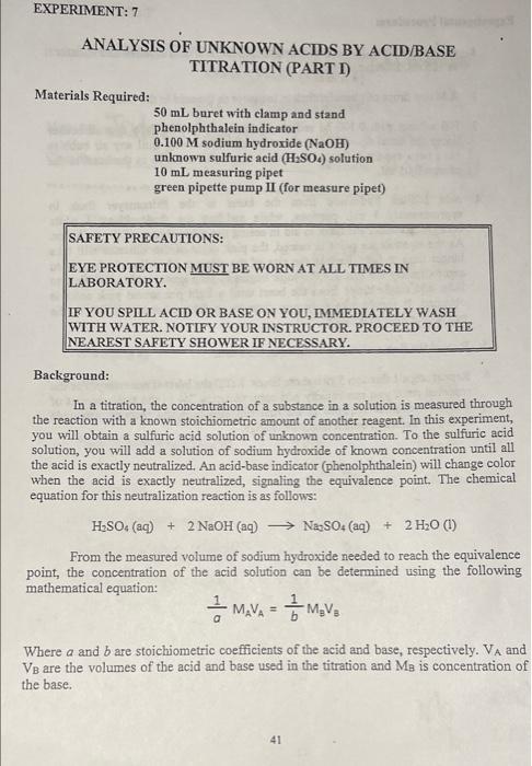Solved EXPERIMENT: 7 ANALYSIS OF UNKNOWN ACIDS BY ACID/BASE | Chegg.com