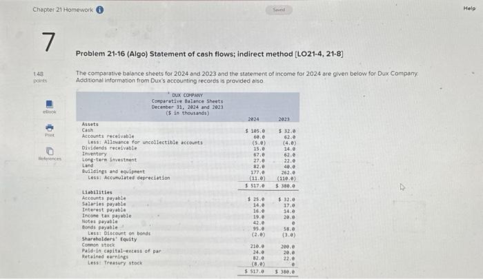 Solved Problem 21-16 (Algo) Statement of cash flows; | Chegg.com