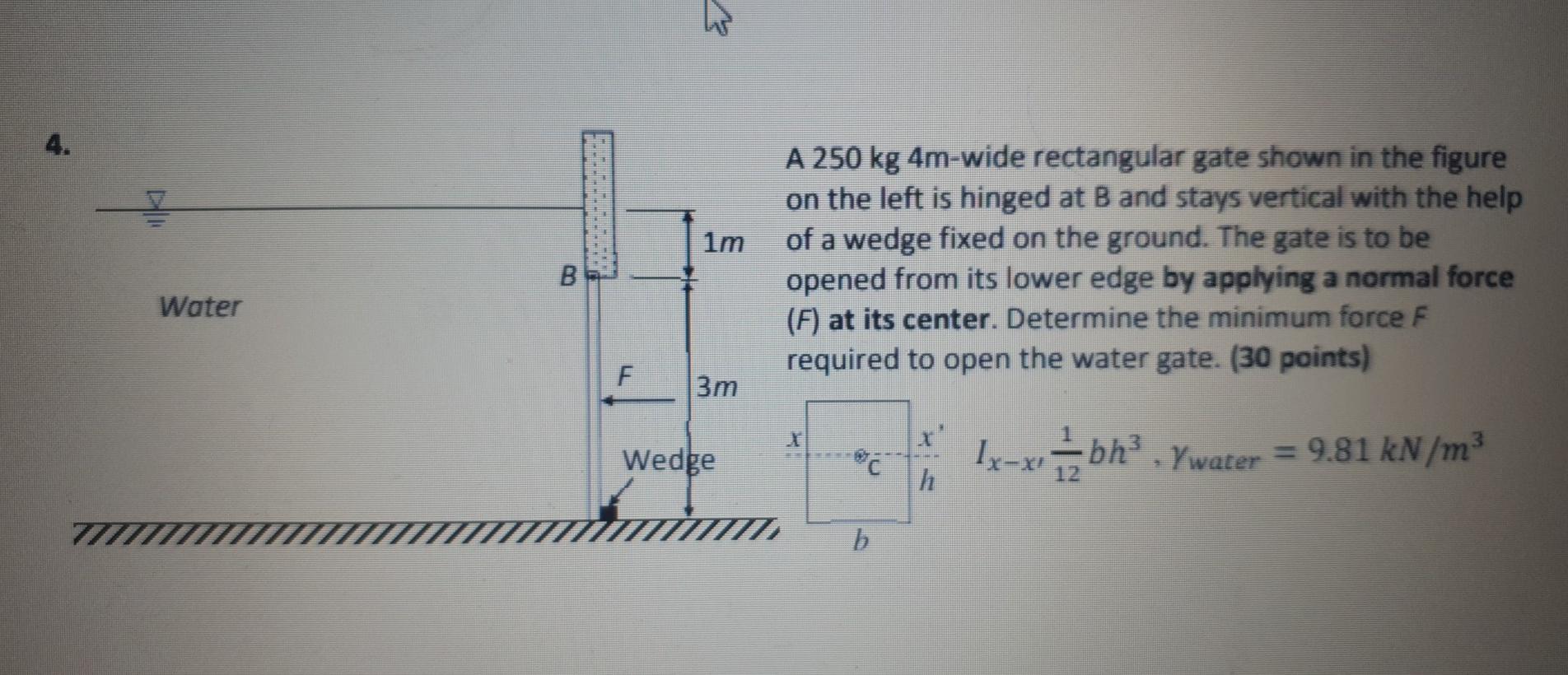 Solved ? 목 1m A 250 kg 4m-wide rectangular gate shown in the | Chegg.com