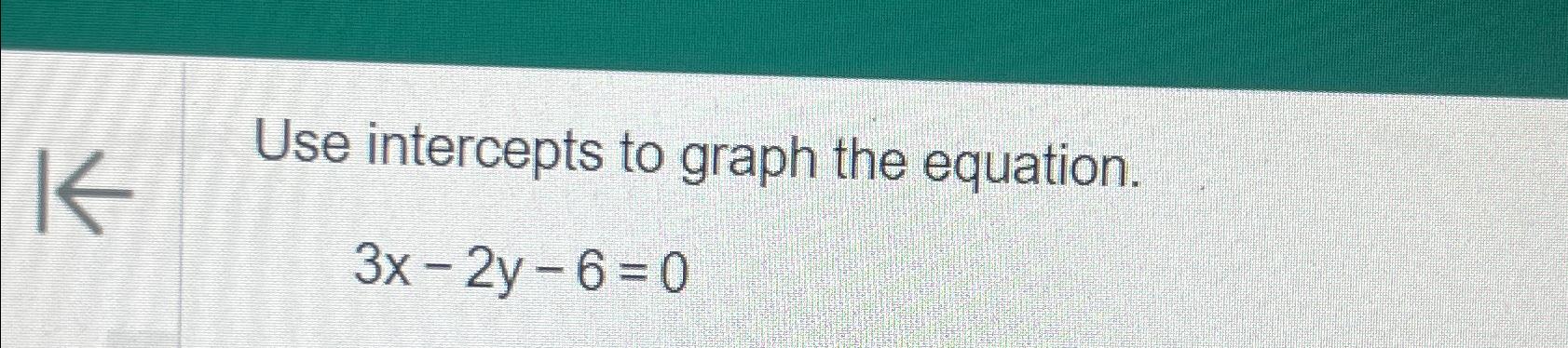 Solved Use intercepts to graph the equation.3x-2y-6=0 | Chegg.com
