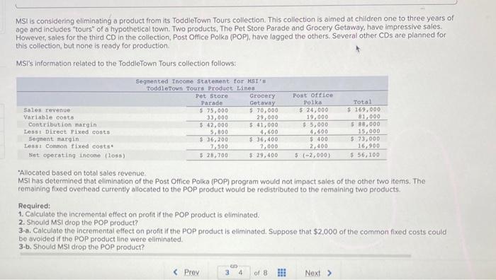 Solved MSI is considering eliminating a product from its | Chegg.com