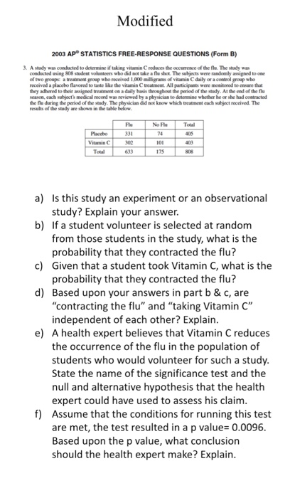 Solved Modified 2003 AP STATISTICS FREE-RESPONSE QUESTIONS | Chegg.com