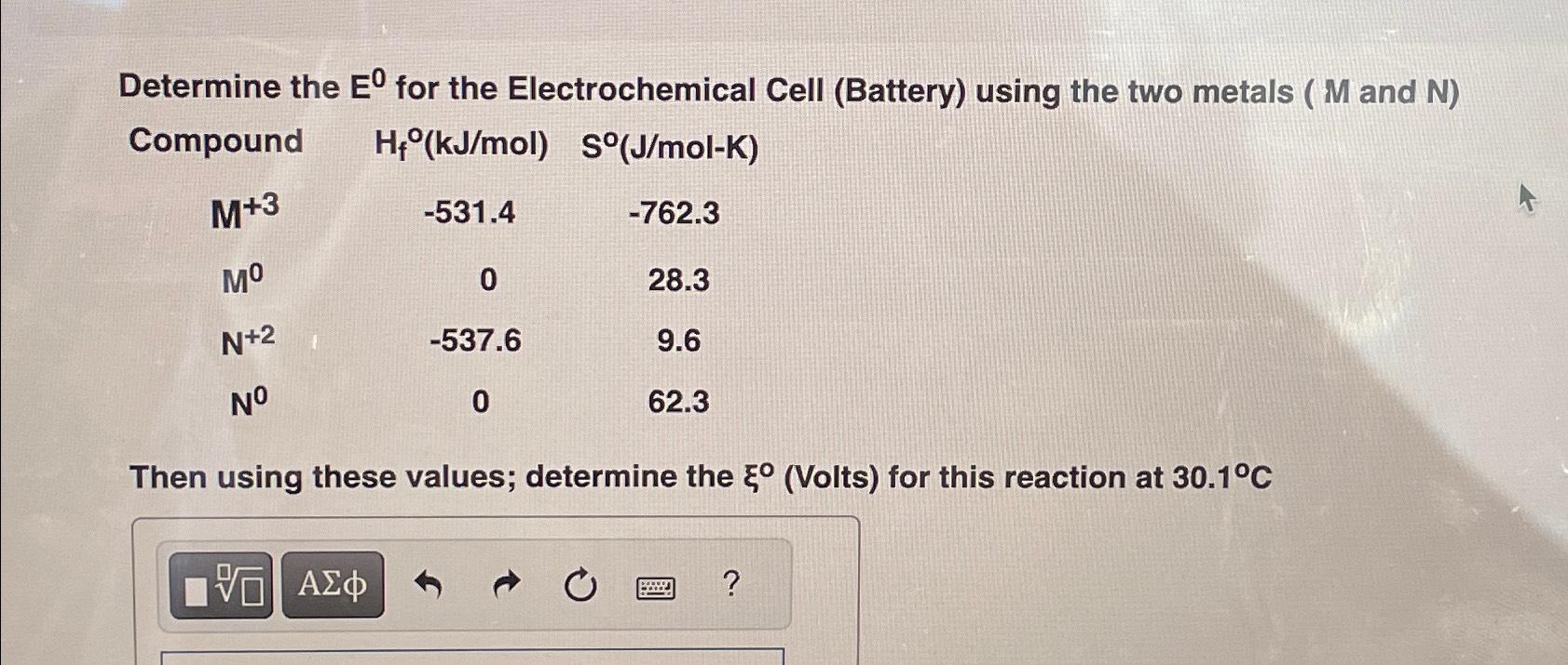Determine the E0 ﻿for the Electrochemical Cell | Chegg.com