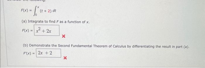 Solved F(x)=∫0x(t+2)dt (a) Integrate to find F as a function | Chegg.com