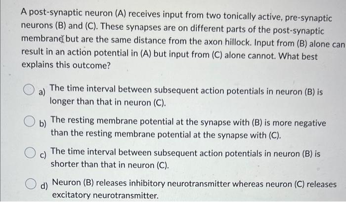 Solved A post-synaptic neuron (A) receives input from two | Chegg.com