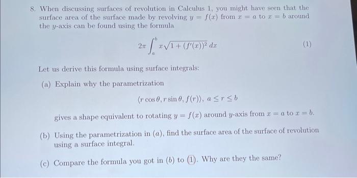 Solved 8. When discussing surfaces of revolution in Calculus | Chegg.com