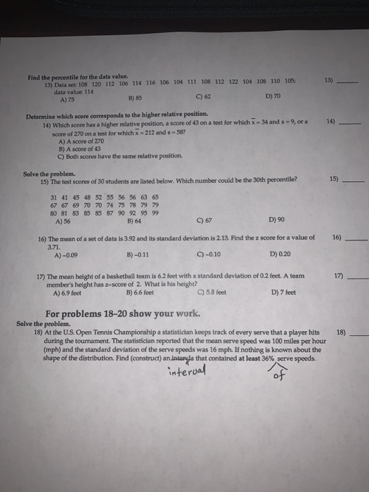 Solved 13) Find the percentile for the data value. 13) Data | Chegg.com