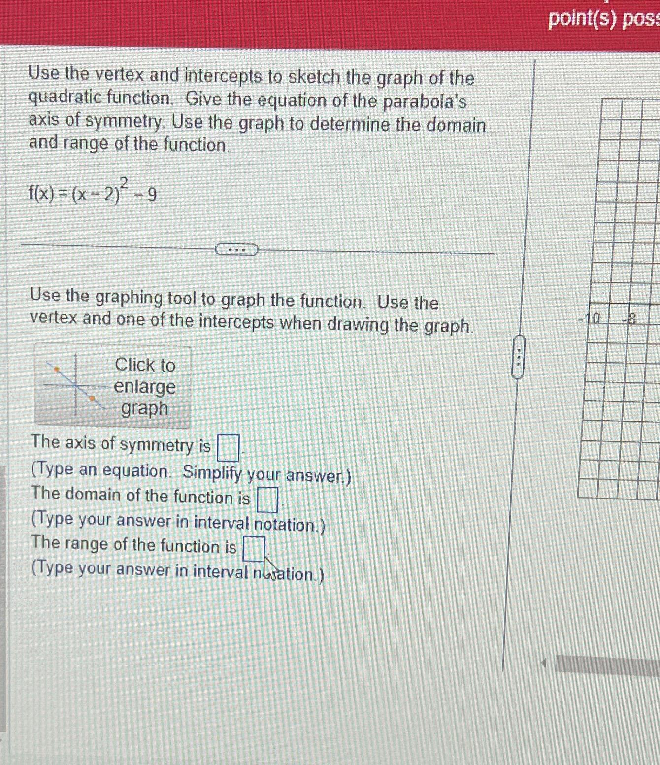 Solved point(s) ﻿posUse the vertex and intercepts to sketch | Chegg.com
