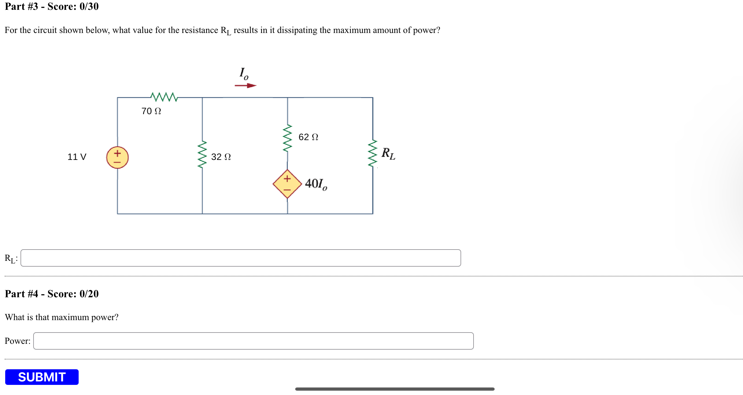 Solved Part \#3 - ﻿Score: 0/30 ﻿For the circuit shown below, | Chegg.com