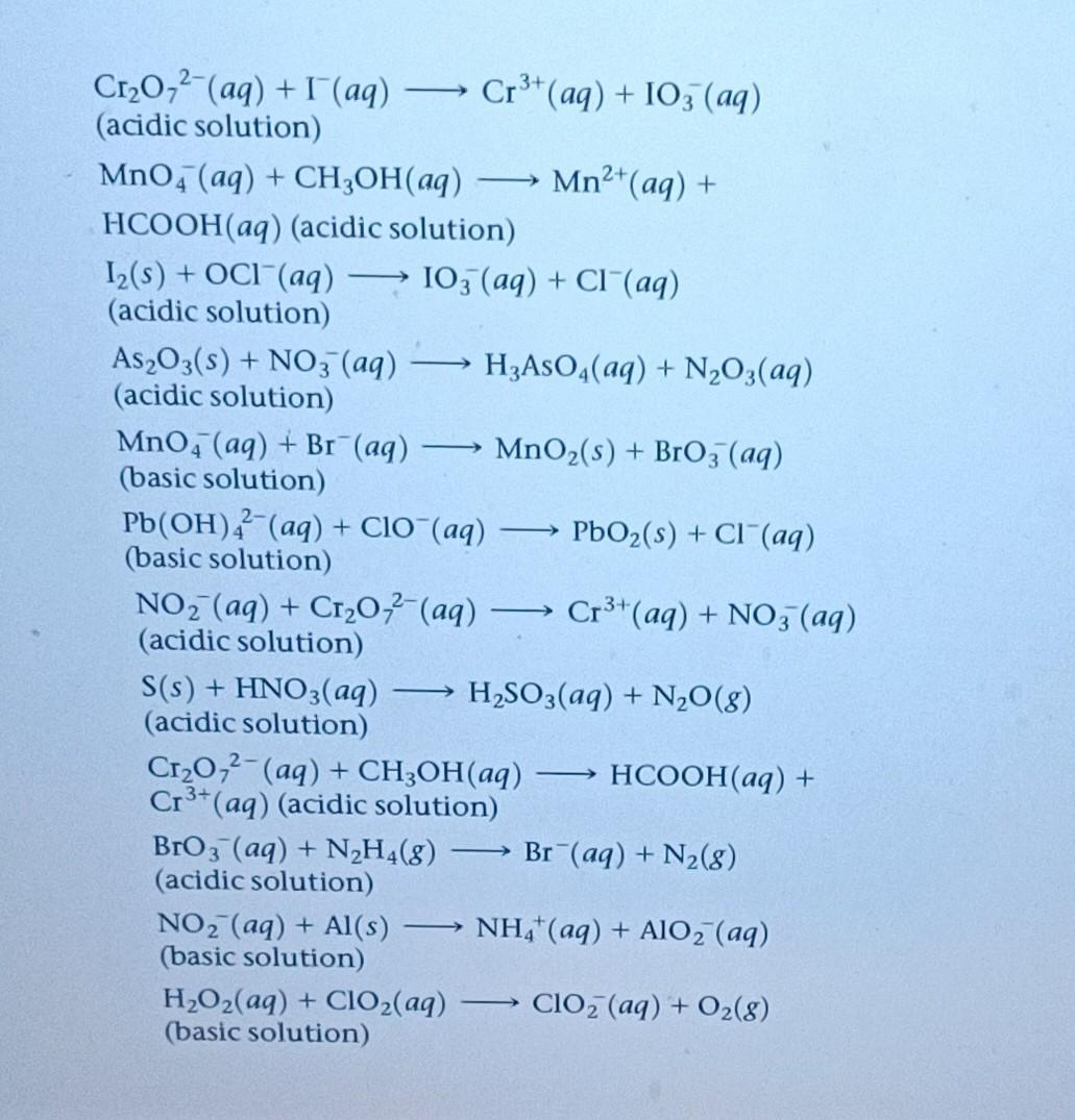 Solved Cr2O72−(aq)+I−(aq) Cr3+(aq)+IO3−(aq) (acidic | Chegg.com