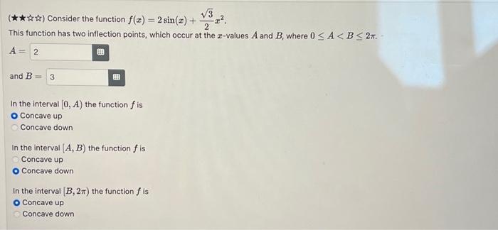 Solved ( ⋆⋆ 名尔) Consider the function f(x)=2sin(x)+23x2. | Chegg.com