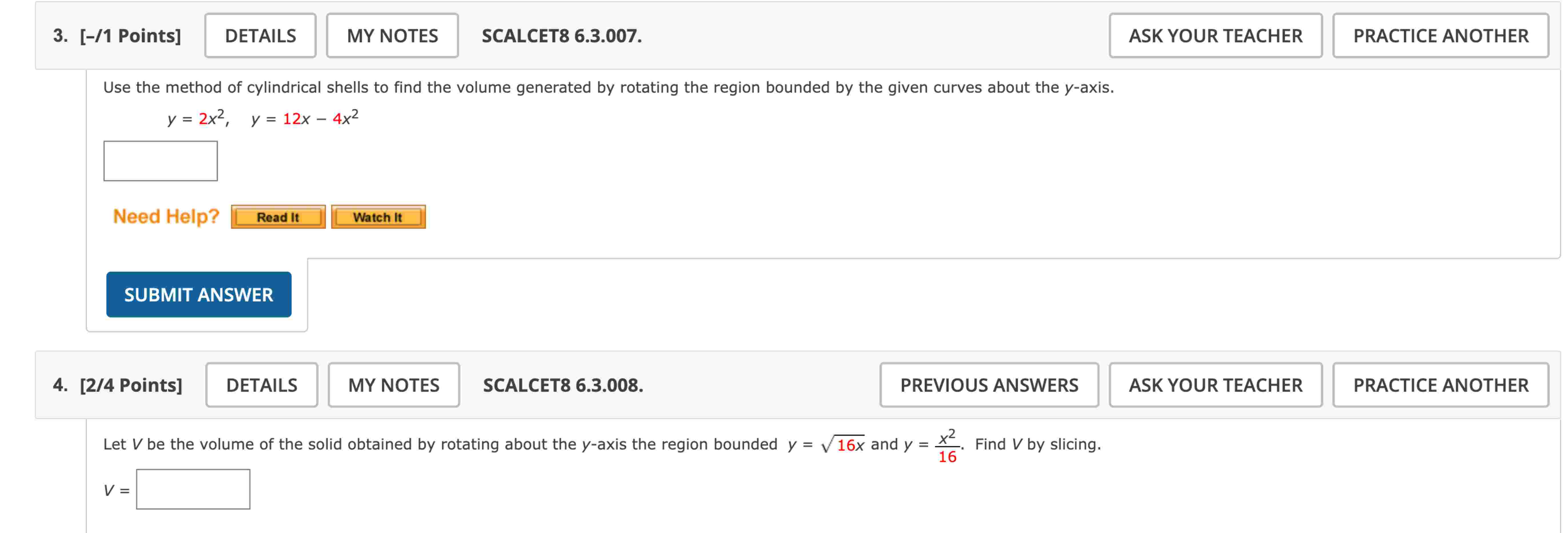 Solved [-1 ﻿Points]SCALCET8 6.3.007.Use the method of | Chegg.com