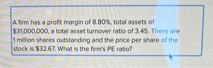 Solved A firm has a profit margin of 8.80%, total assets of | Chegg.com