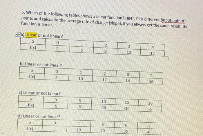 Solved 5. Which of the following tables shows a linear | Chegg.com