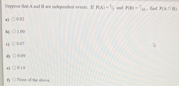 Solved Suppose that A and B are independent events. If | Chegg.com